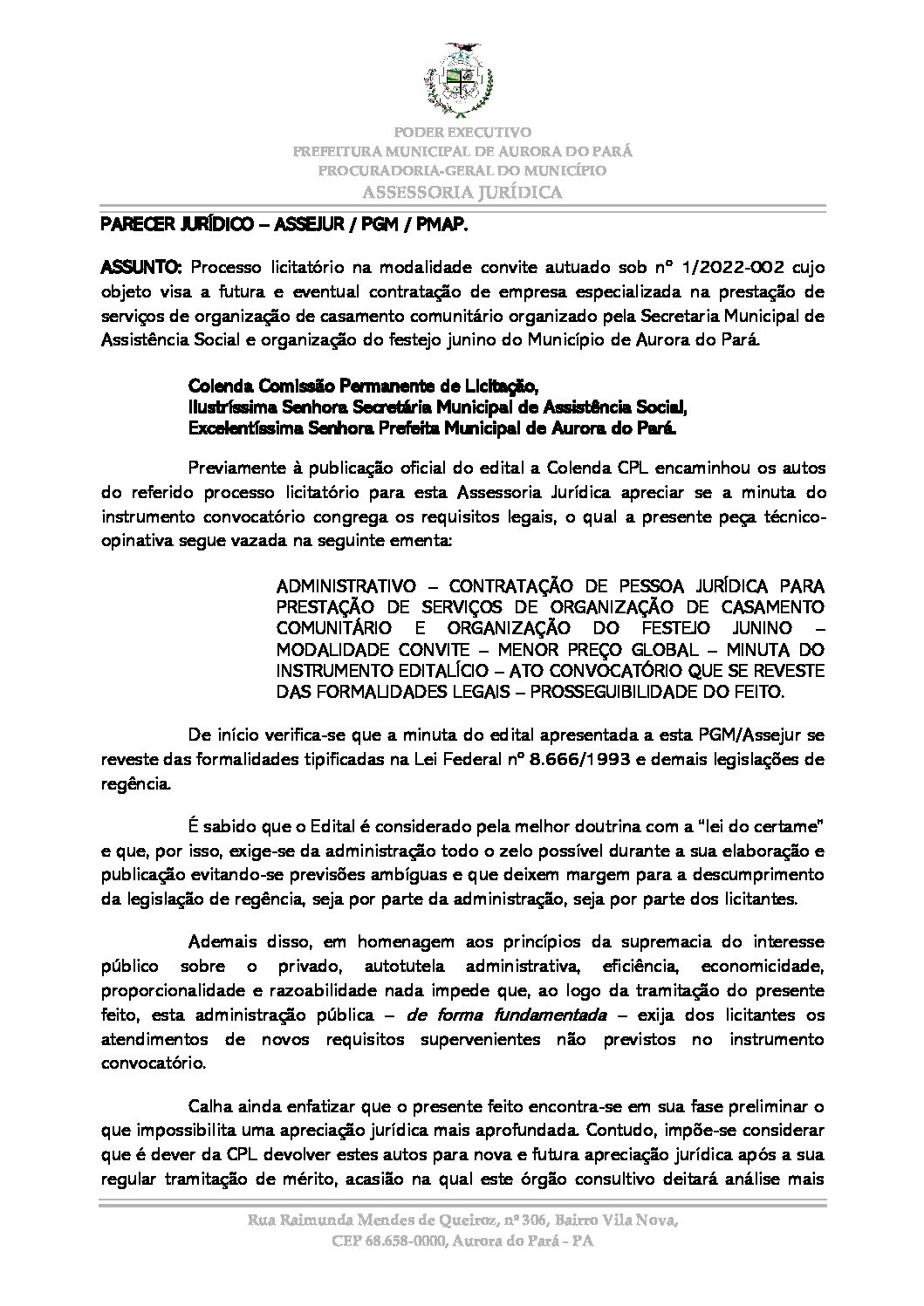 PARECER JURÍDICO - Prefeitura Municipal de Aurora do Pará | Gestão 2025 ...