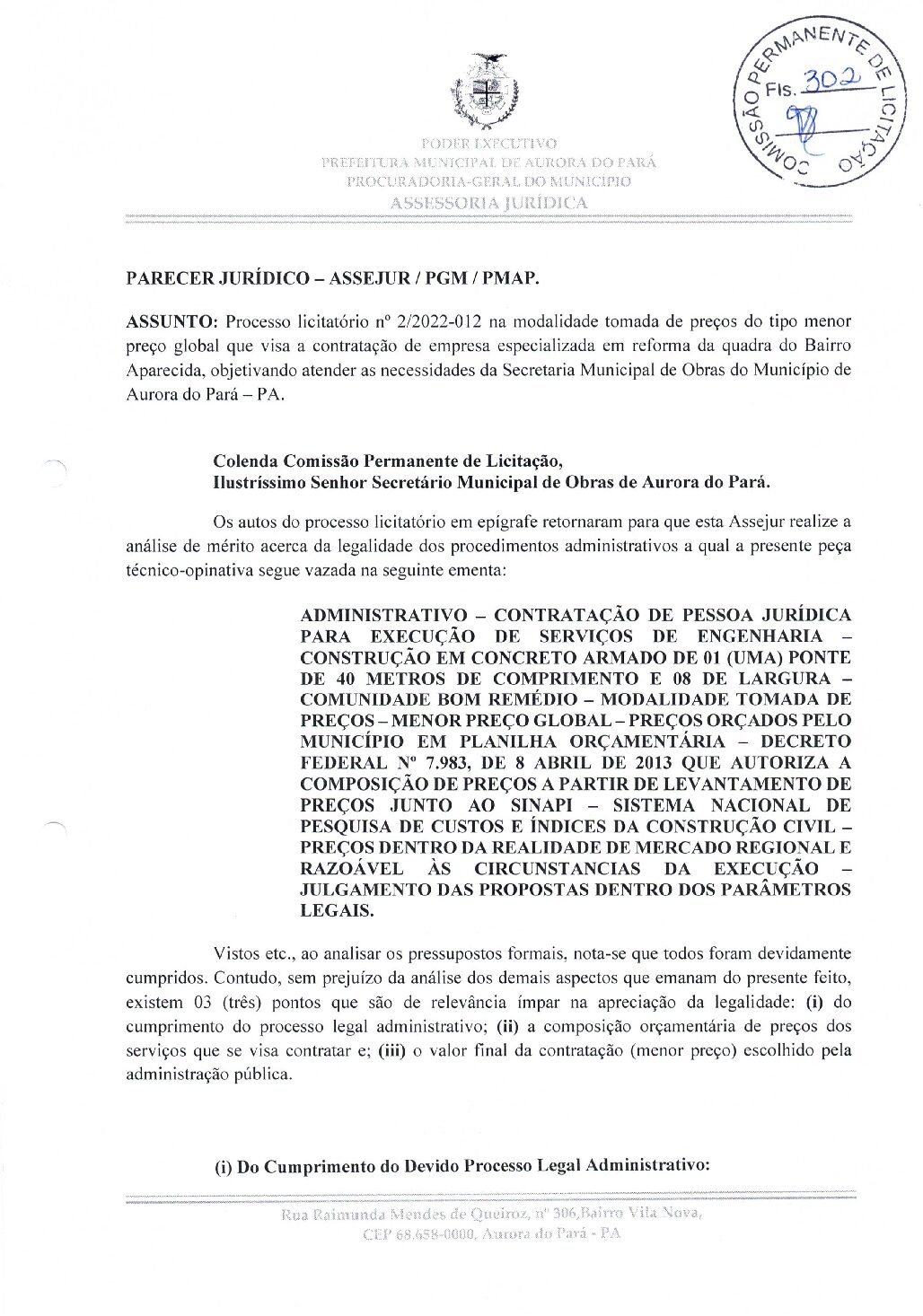 PARECER JURIDICO, MERITO - Prefeitura Municipal de Aurora do Pará ...